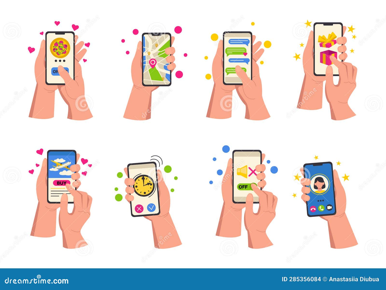 Set of Illustrations of Hands Holding Phones with Different Information ...