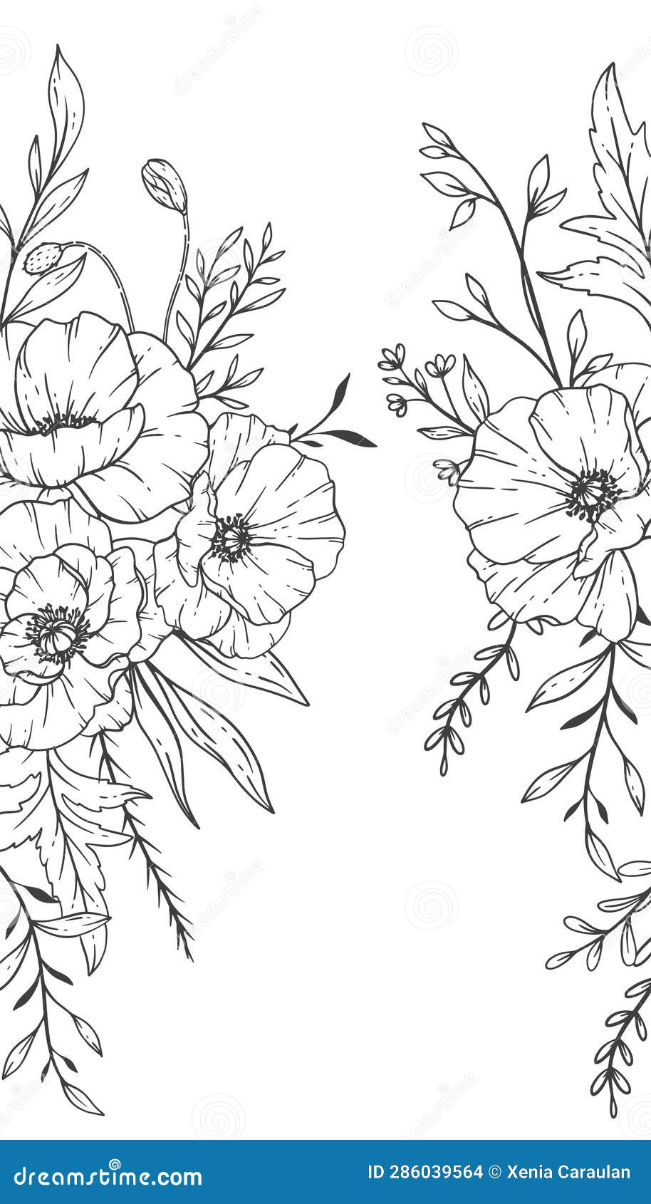 Poppy Flower Line Art, Fine Line Poppy Bouquets Hand Drawn Outline ...