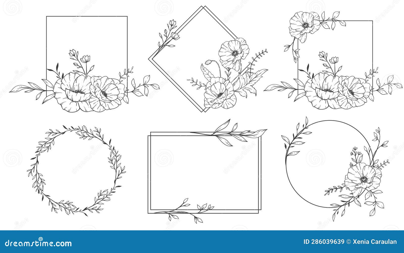 Floral Frames Line Art, Fine Line Poppy Frames Hand Drawn Illustration ...