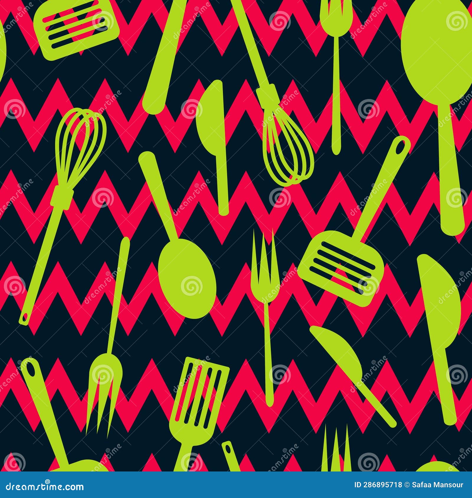 Vector Seamless Pattern with Neon Kitchen Tools and Zigzag Stock Vector ...