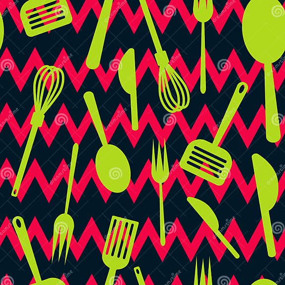 Vector Seamless Pattern with Neon Kitchen Tools and Zigzag Stock Vector ...