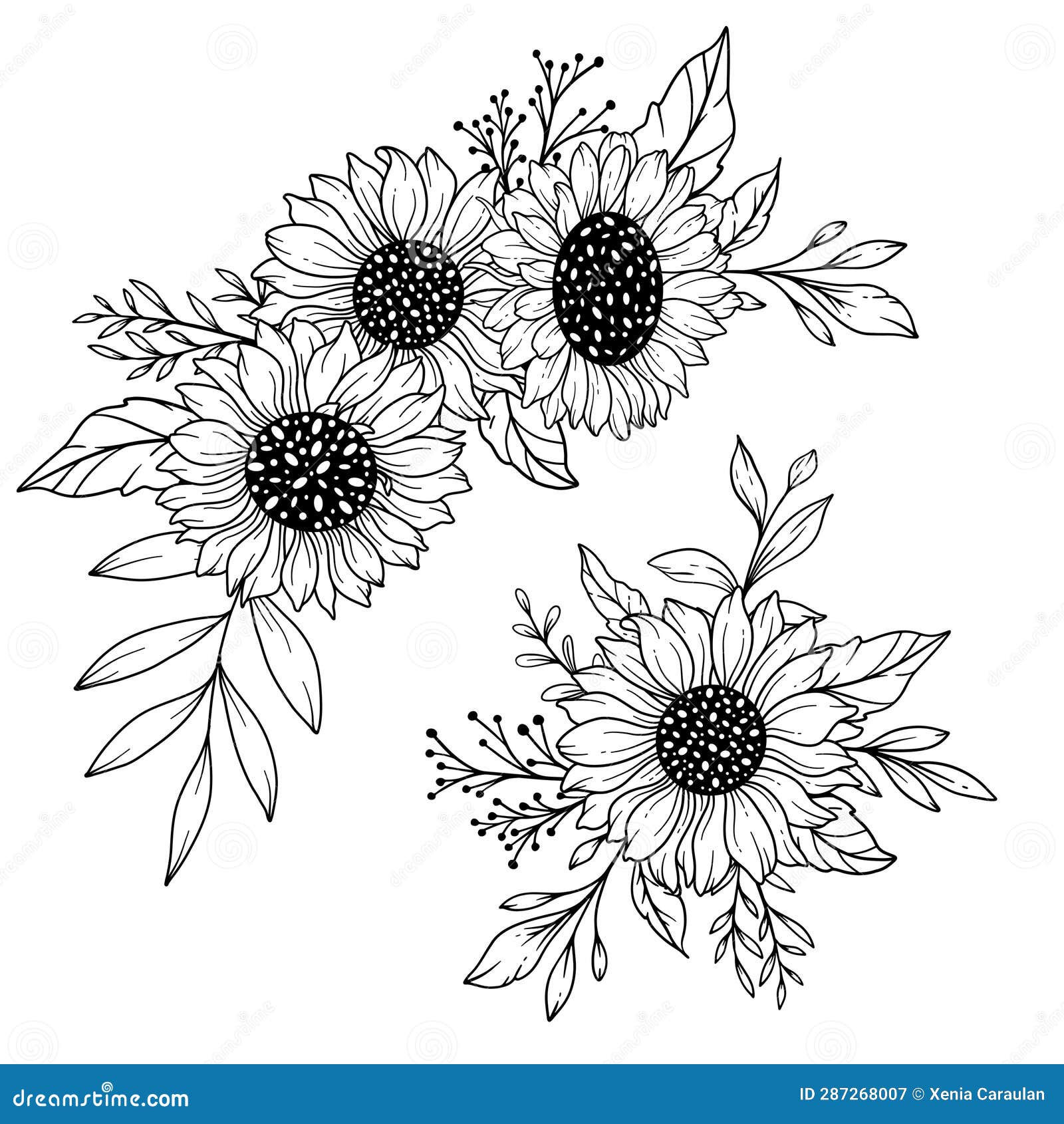 Sunflowers Line Art, Fine Line Sunflower Bouquets Hand Drawn ...