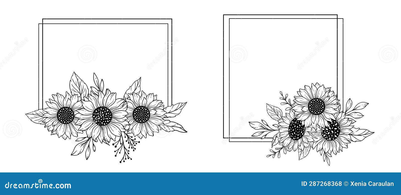 Sunflower Frames Line Art, Fine Line Sunflower Frames Hand Drawn ...