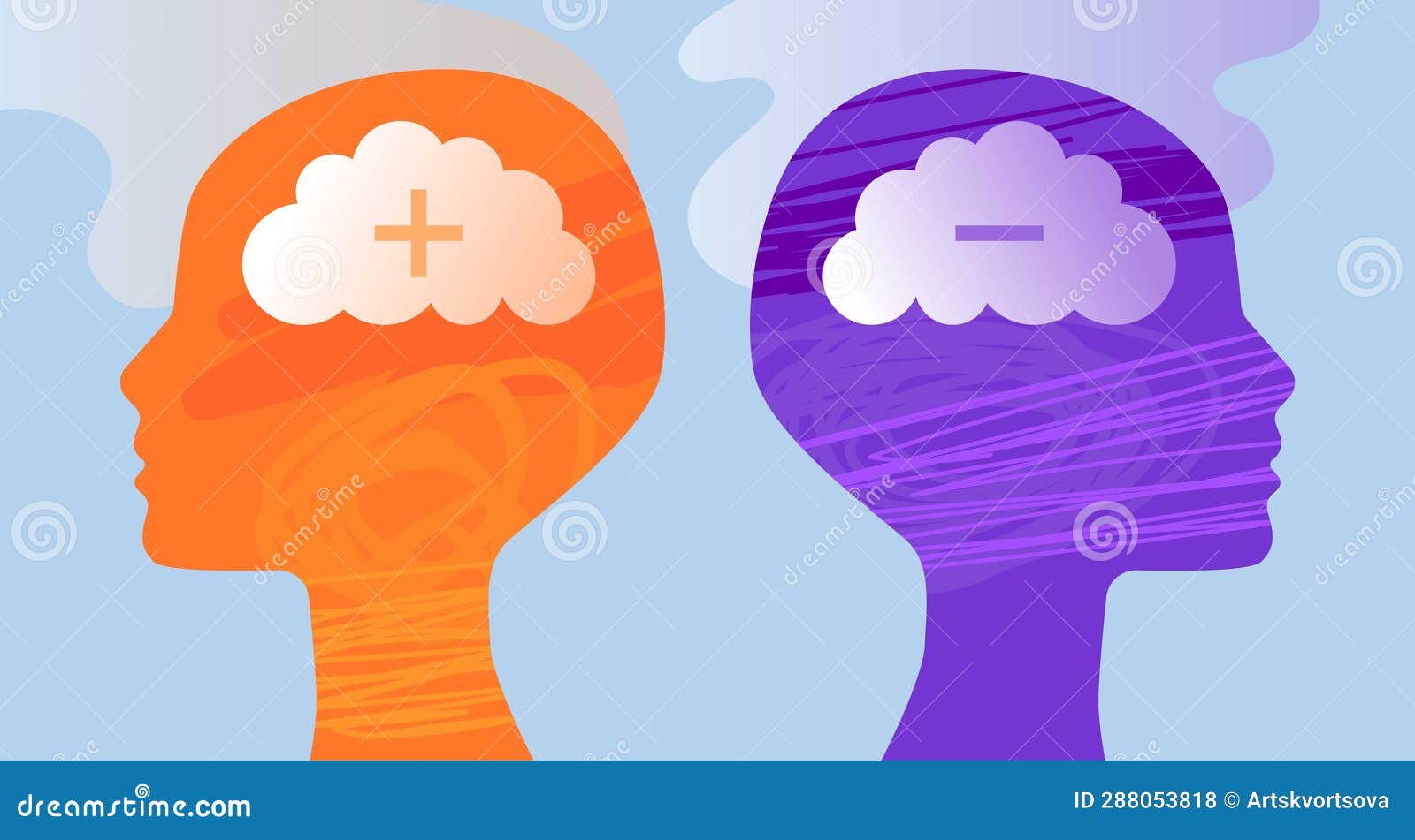 Two Heads With Plus And Minus Signs. Positive And Negative Thinking ...