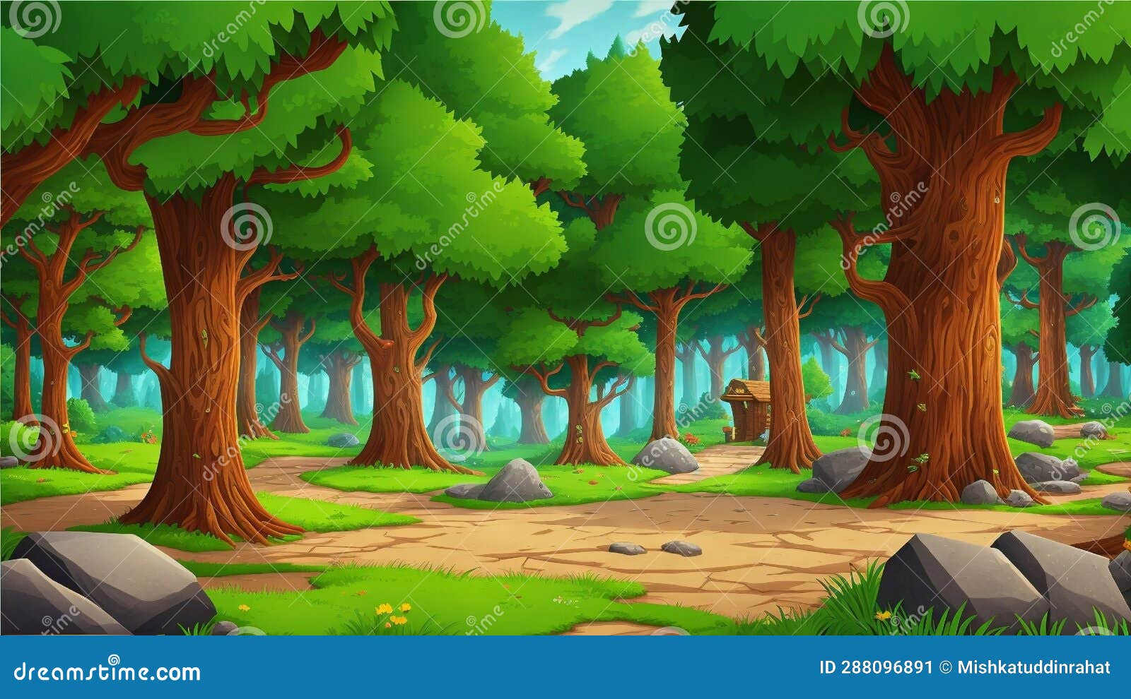 A Cartoon Forest Scene With Rocks And Trees, Forest Background ...