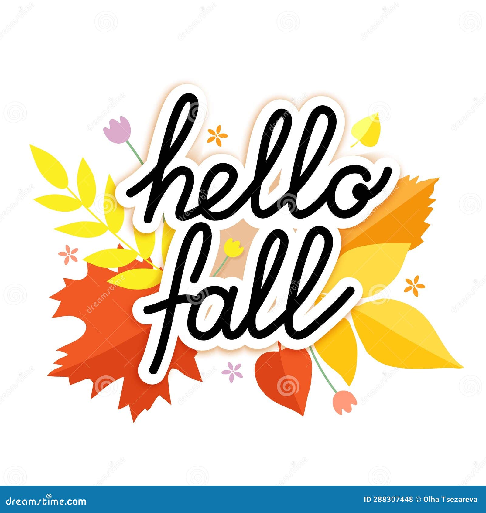 Hello Fall Lettering with Autumn Leaves on a Background Stock Vector ...
