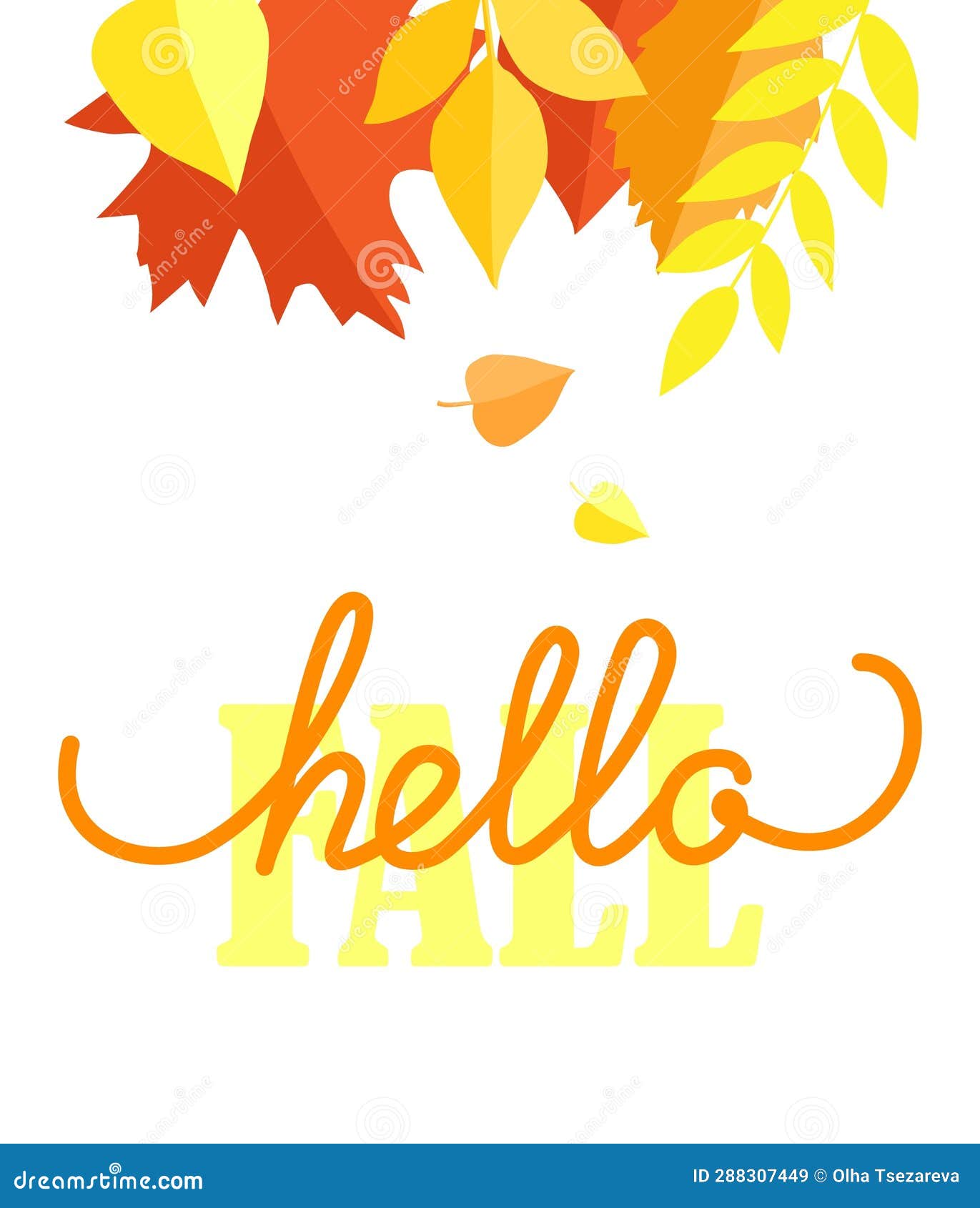 Hello Fall Text with Leaves. Autumn Illustration, Greeting Card, Poster ...