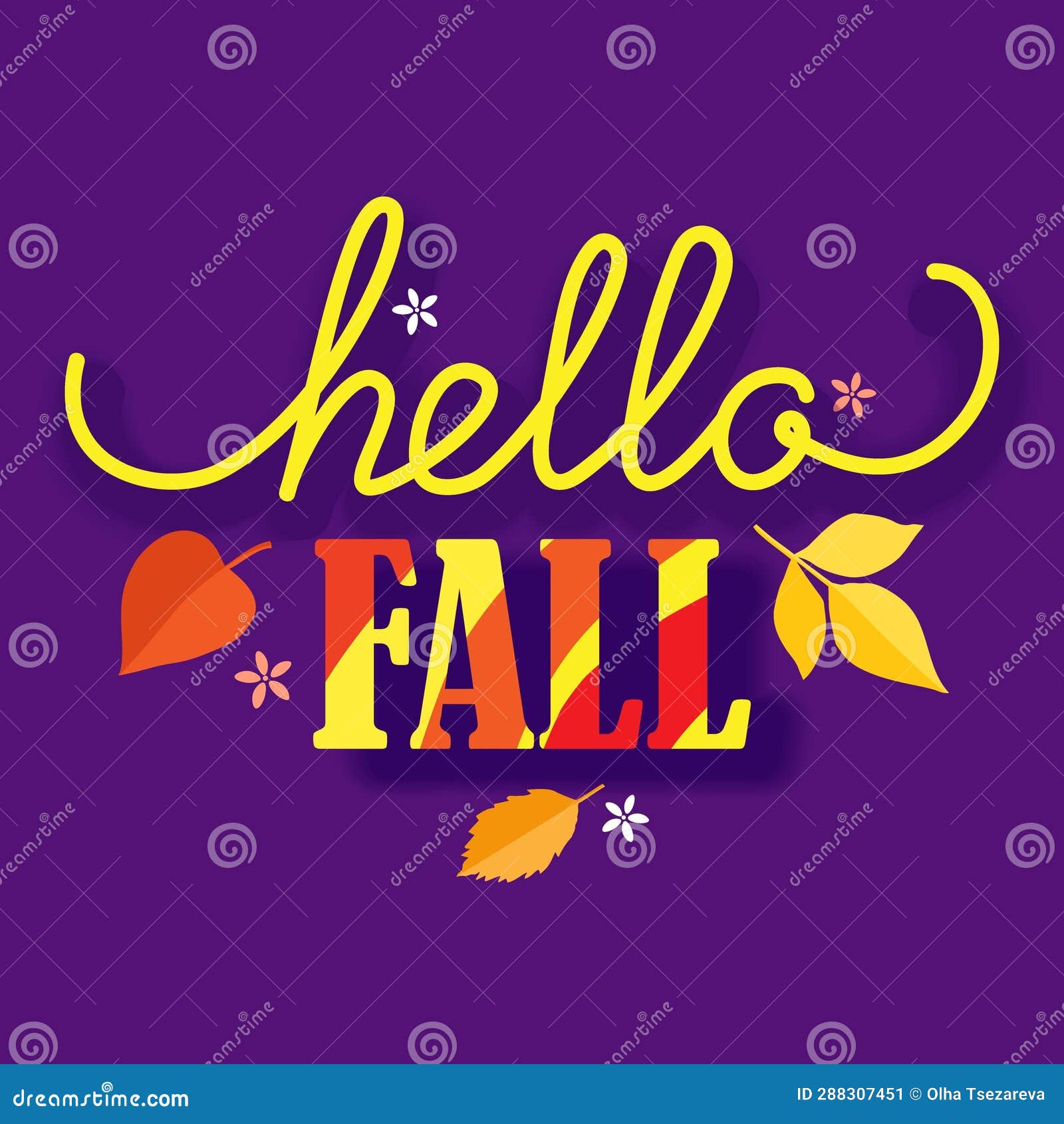 Hello Fall with Leaves on a Violet Background Stock Vector ...