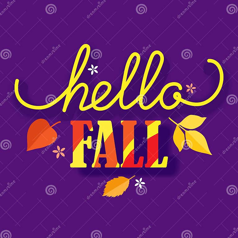 Hello Fall with Leaves on a Violet Background Stock Vector ...