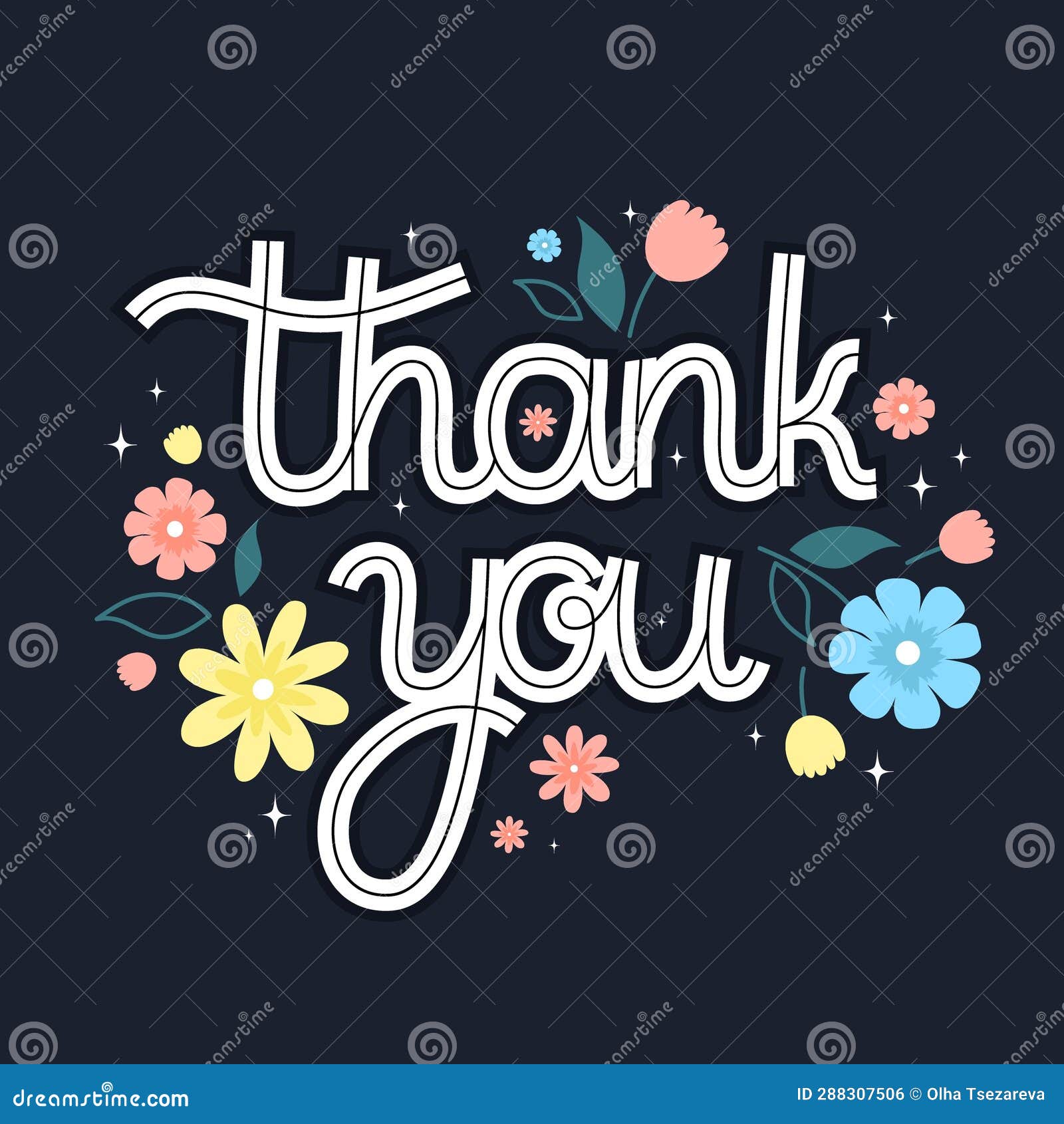 Thank You Lettering with Decorative Flowers on Navy Background Stock ...