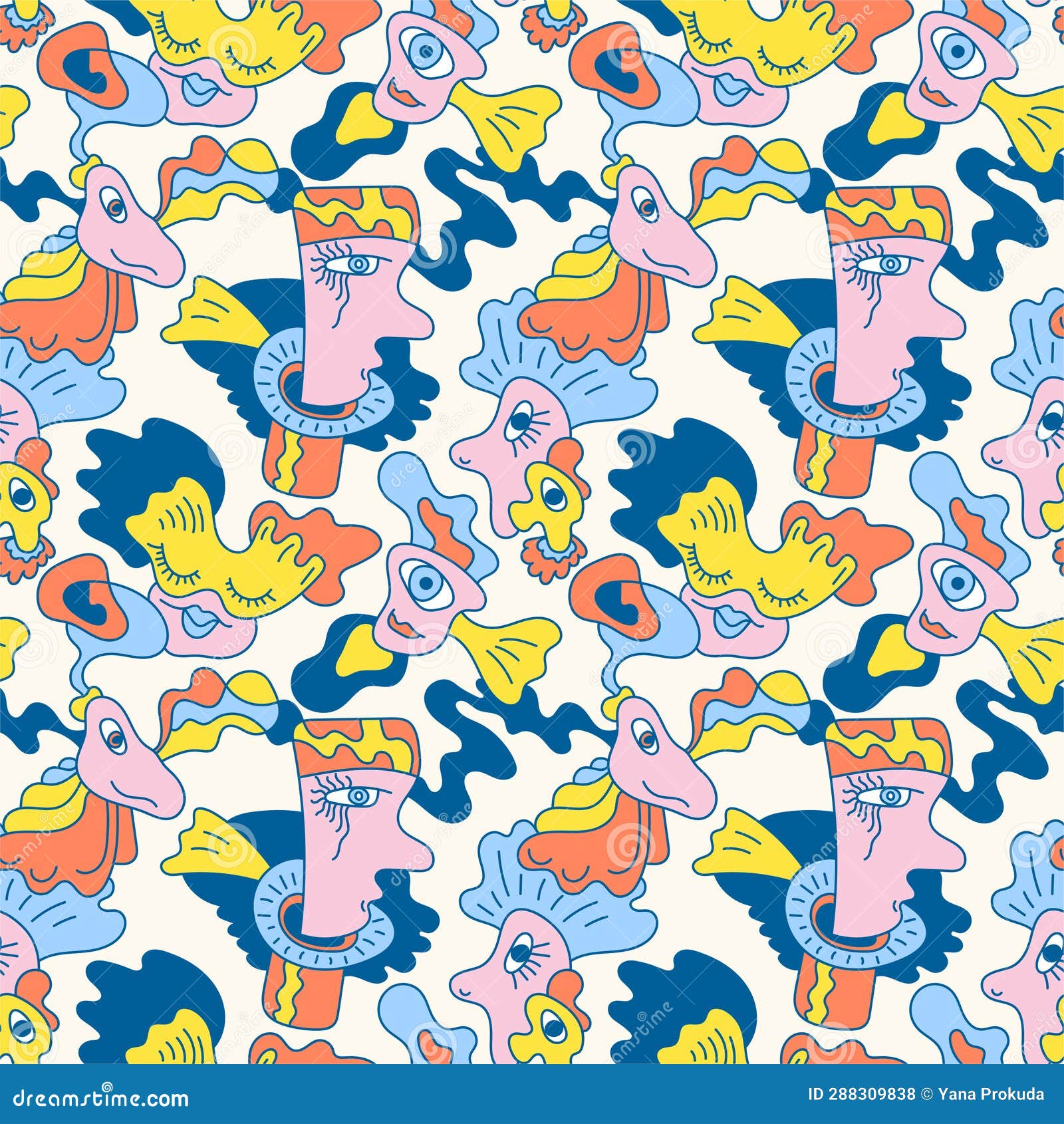 Abstract Vector Seamless Psychedelic Pattern with Surreal Faces Stock ...
