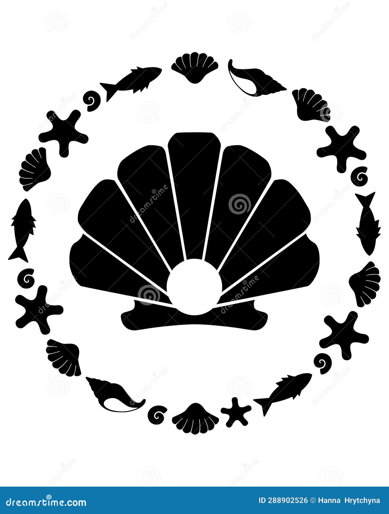 Shell Scallop with Pearl Sea Animal Silhouette in a Round Frame ...