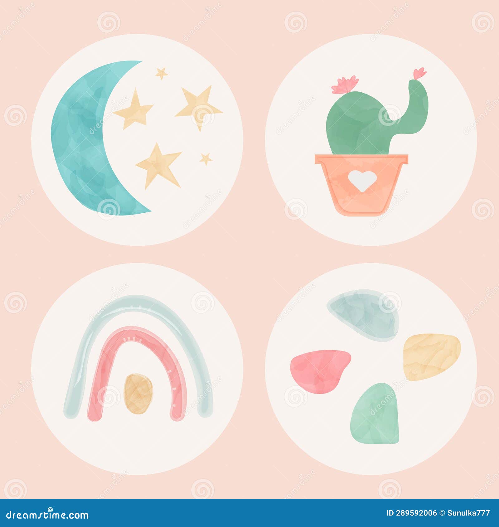 Set of Four Illustrations: Rainbow, Pebble, Moon with Stars and Cactus ...