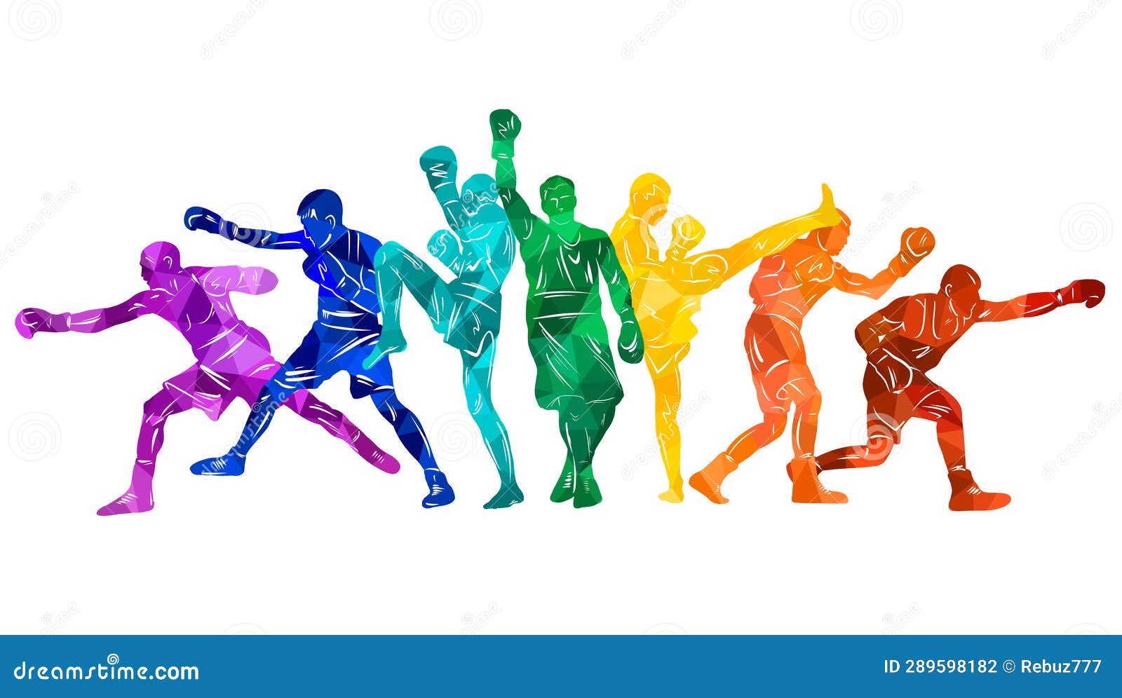 Colorful Vector Illustration Silhouettes of Boxers, Thai Boxers ...