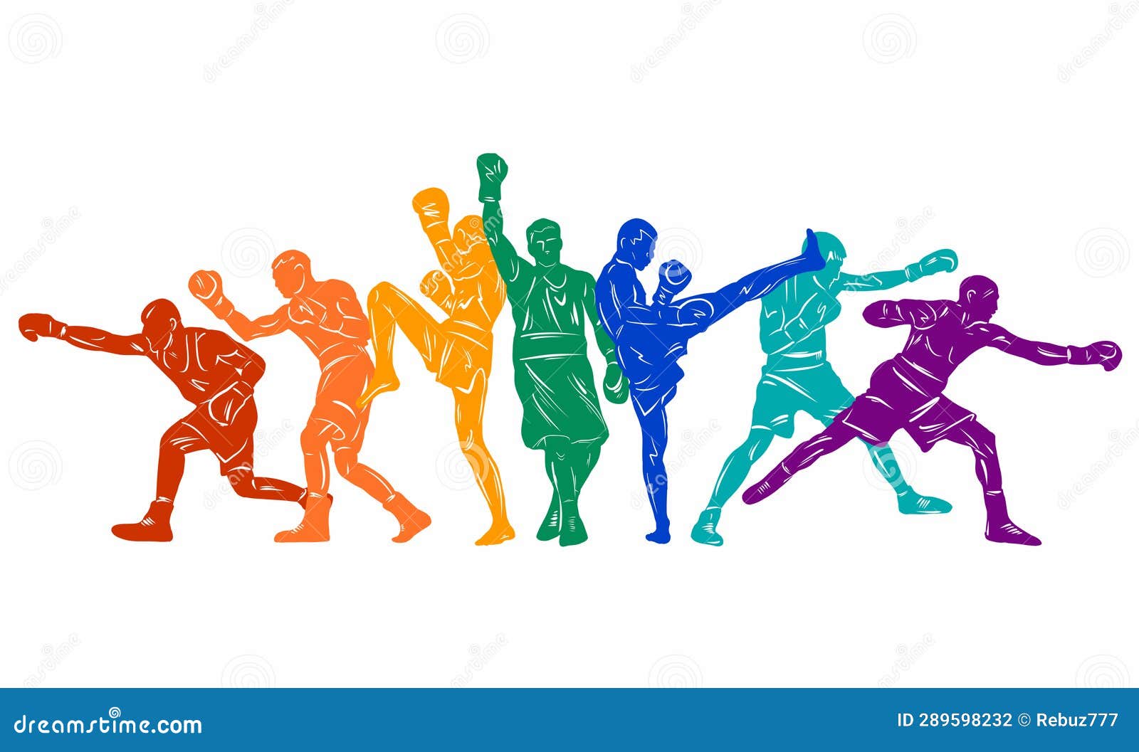 Colorful Vector Illustration Silhouettes of Boxers, Thai Boxers ...