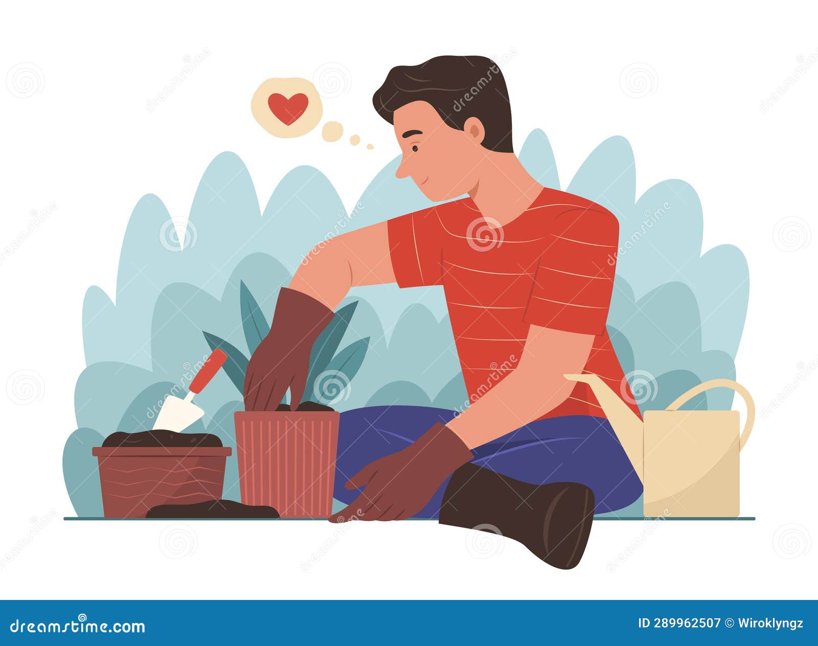 Young Man Planting a Tree in Pot in Garden Stock Illustration ...