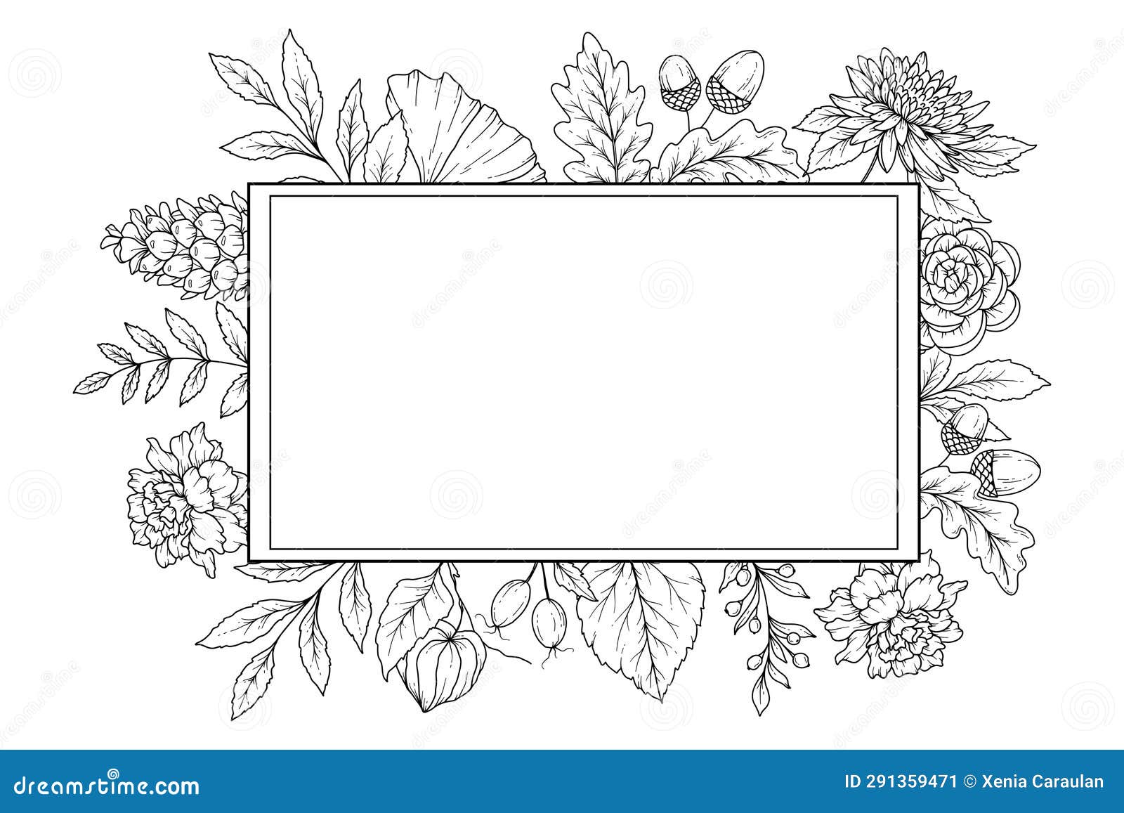 Fall Floral Frame Outline. Fall Foliage Line Art Illustration, Outline ...