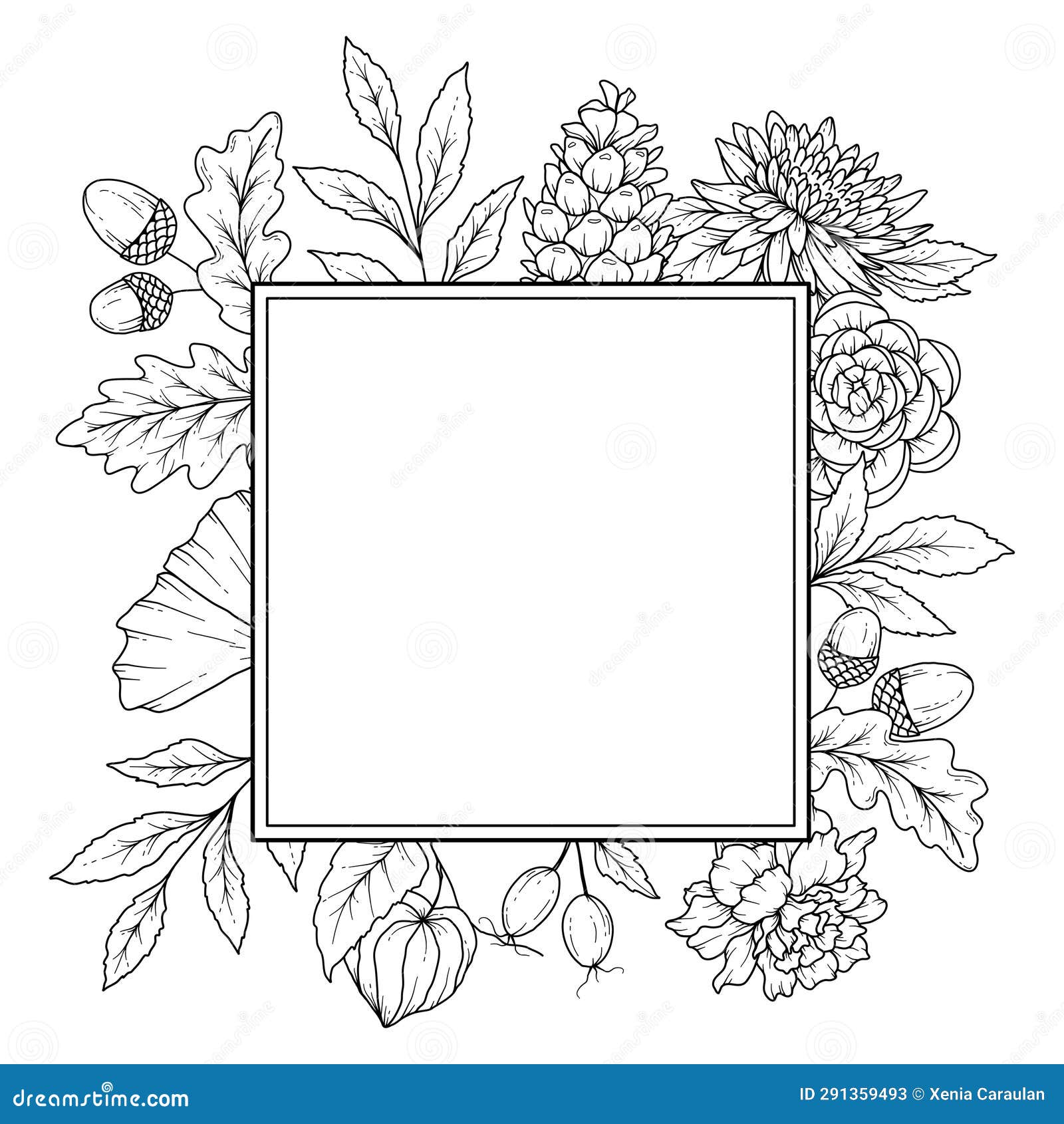 Fall Floral Frame Outline. Fall Foliage Line Art Illustration, Outline ...