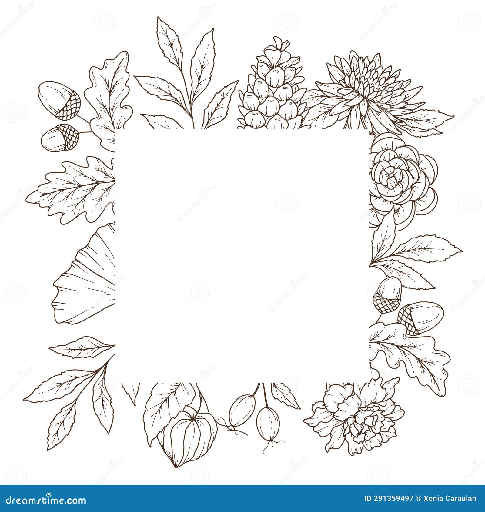 Fall Floral Frame Outline. Fall Foliage Line Art Illustration, Outline ...