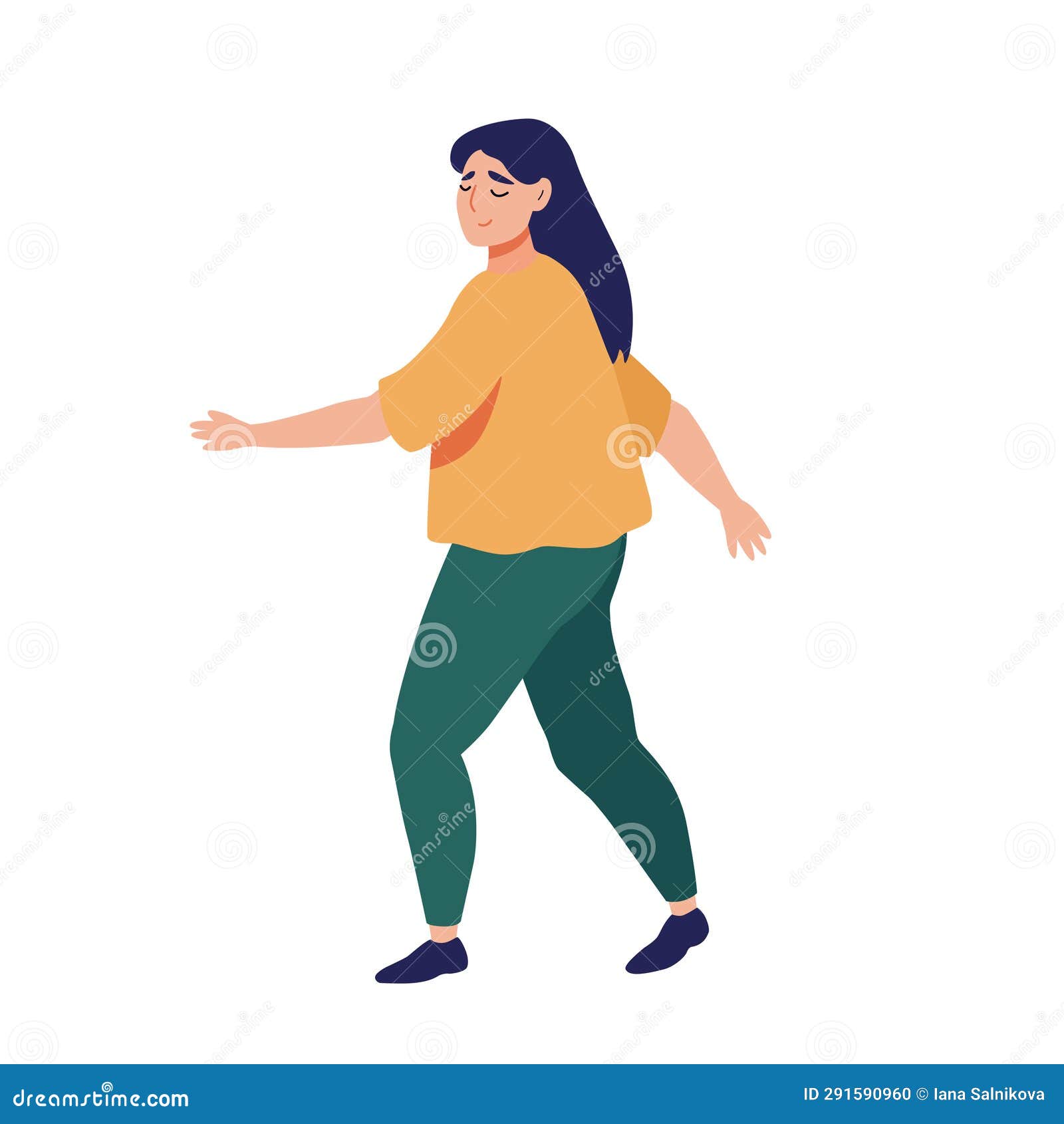 Hand Painted Calm Young Woman Walking Peacefully. Stock Vector ...