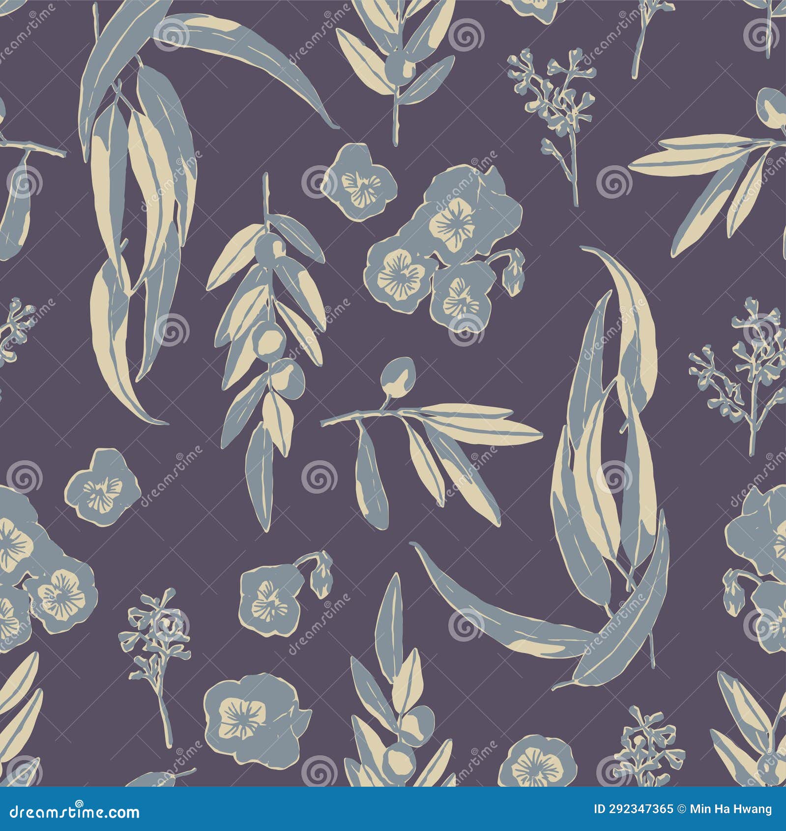 Vector Leaf and Flower Botanical Illustration Seamless Repeat Pattern ...