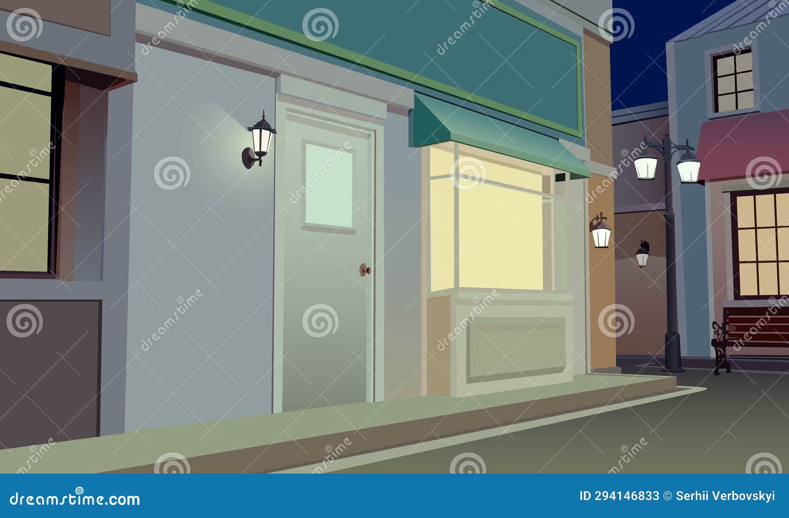 Vector Illustration Depicting a Small Evening Street in Cartoon and ...