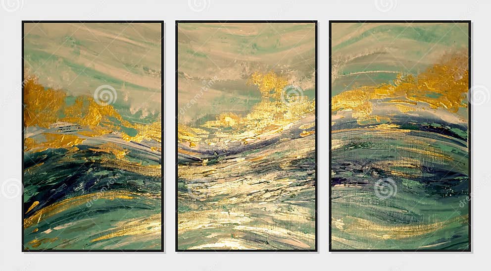 Set of Three Vector Illustrations of Abstract Sea Ocean Art. Stock ...