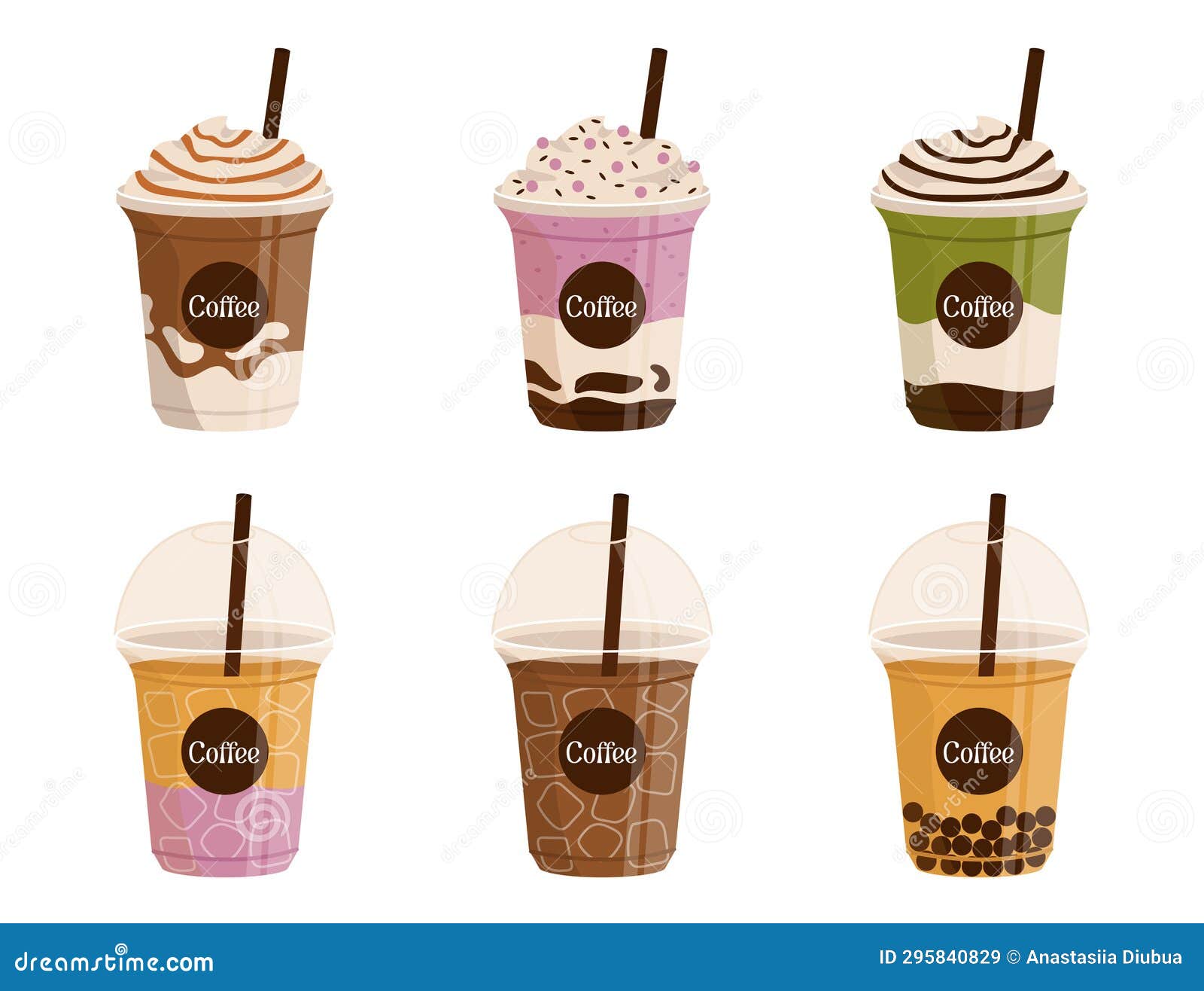 Set of Plastic Glasses with Different Types of Cold Drinks. Take Away ...