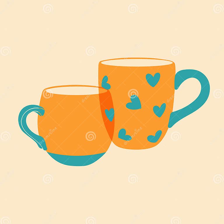 Coffee or Tee Cups. Colorful Cute Screen Printing Effect. Riso Print ...