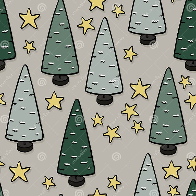 Christmas Trees and Stars Winter Holiday Season Doodle Linear Colorful ...