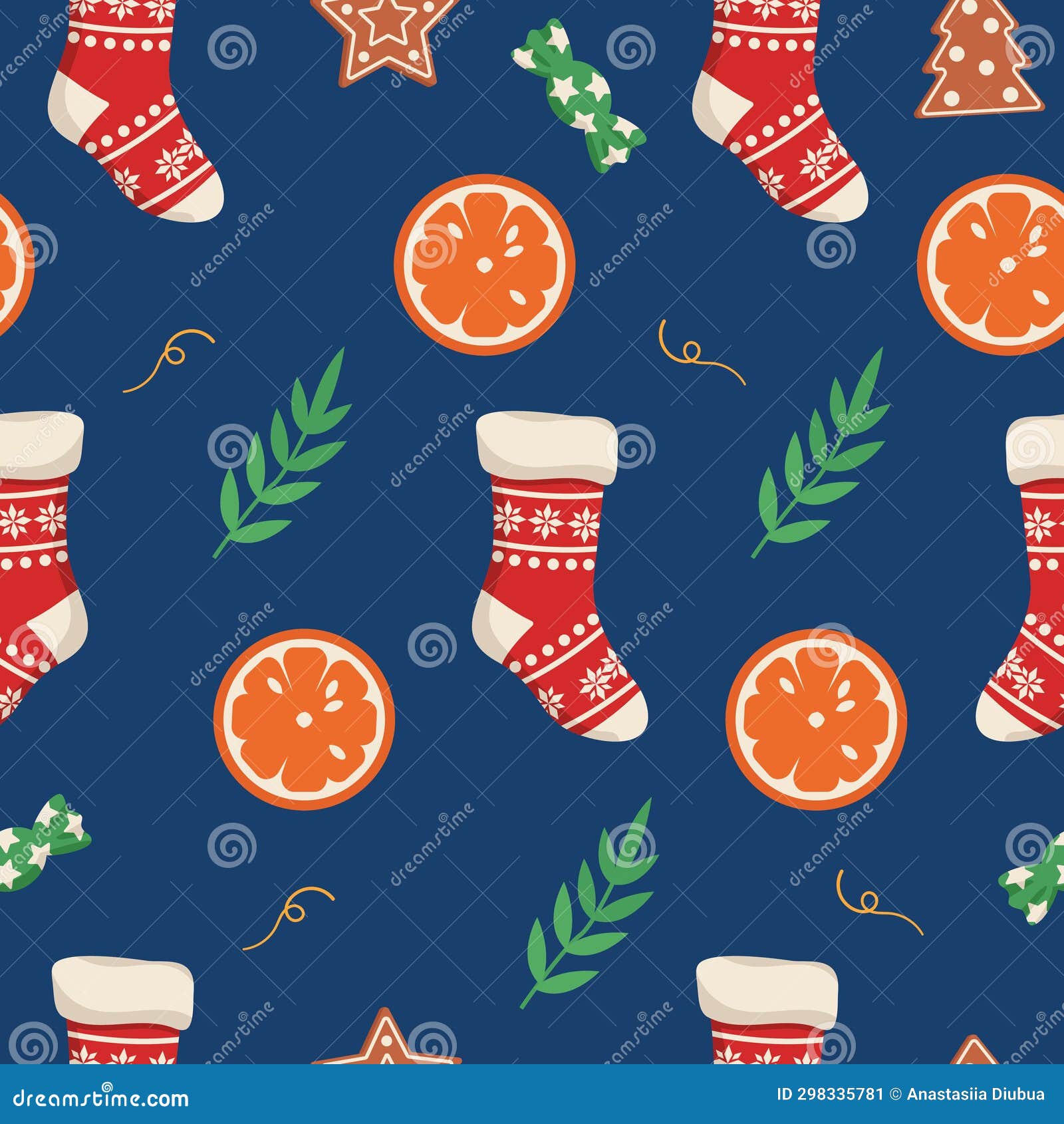 Seamless Pattern with Christmas Stocking, Orange, Gingerbread, and ...