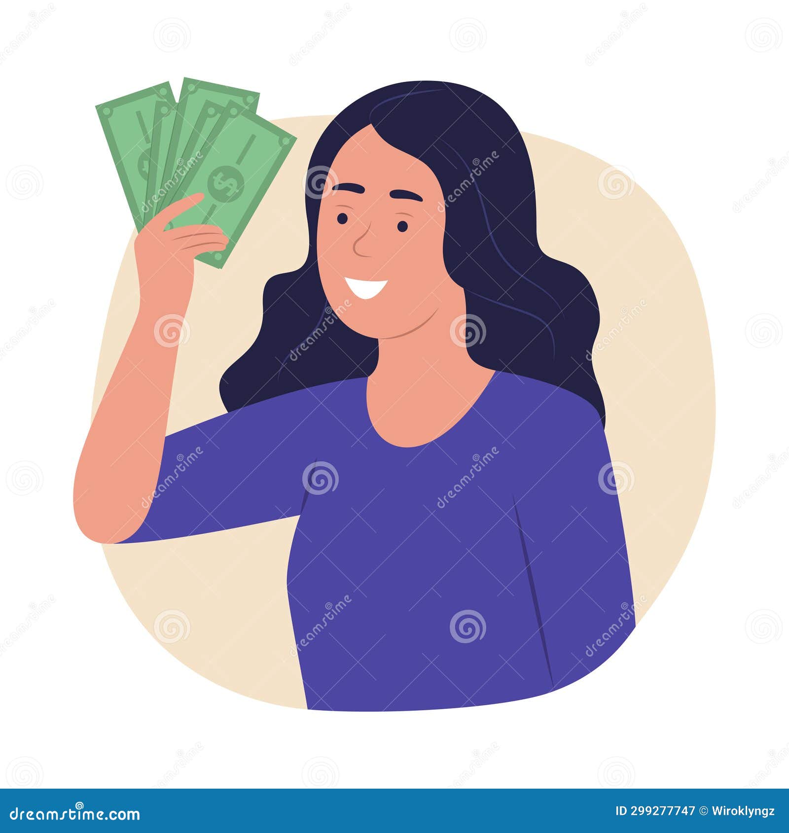 Smiling Woman Earning Cash Money Bonus for Financial Concept ...