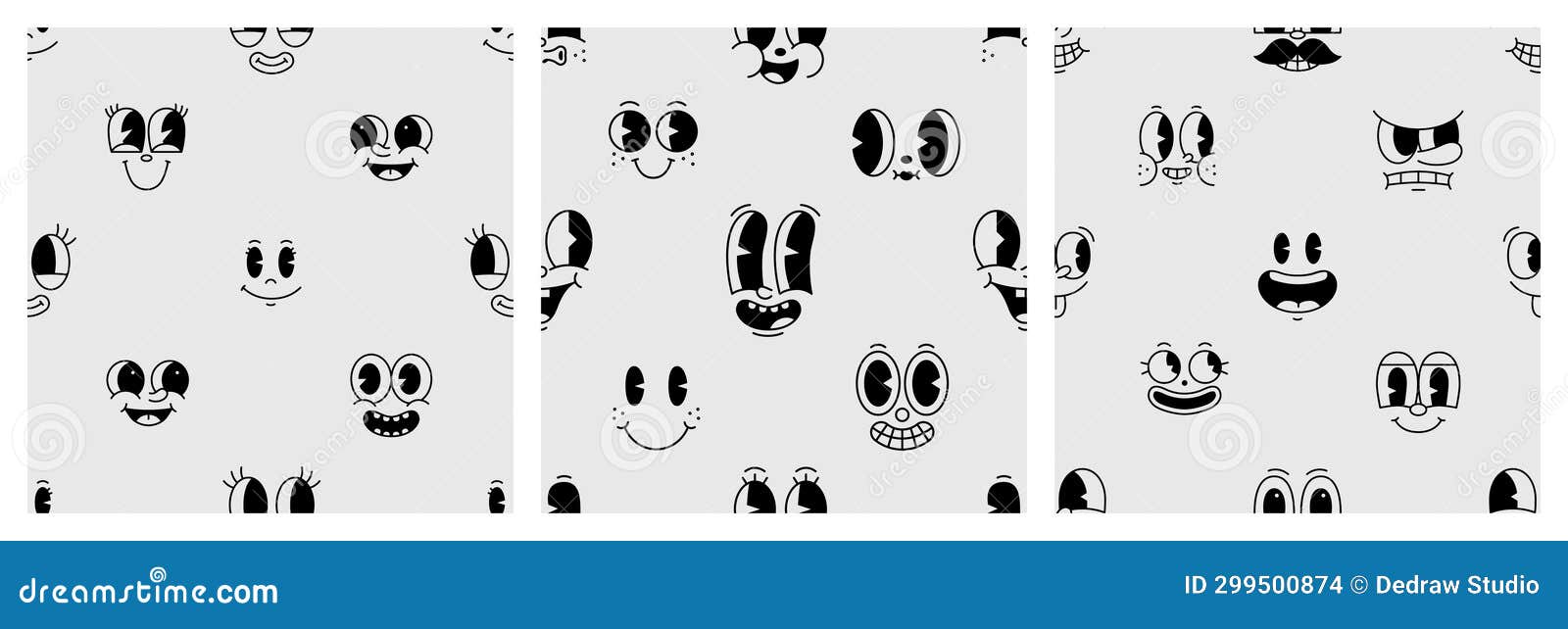 Funny Retro Cartoon Character Face Seamless Pattern Set Stock Vector ...