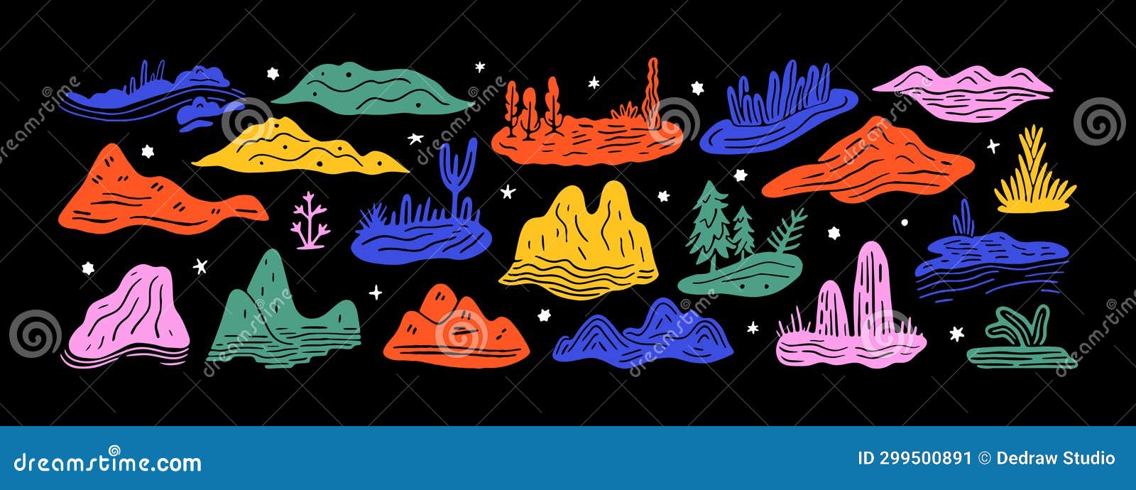 Colorful Hand Drawn Landscape Doodle Set Stock Vector - Illustration of ...