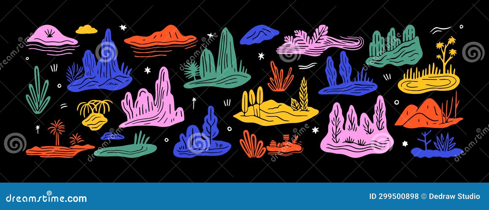 Colorful Hand Drawn Landscape Doodle Set Stock Vector - Illustration of ...