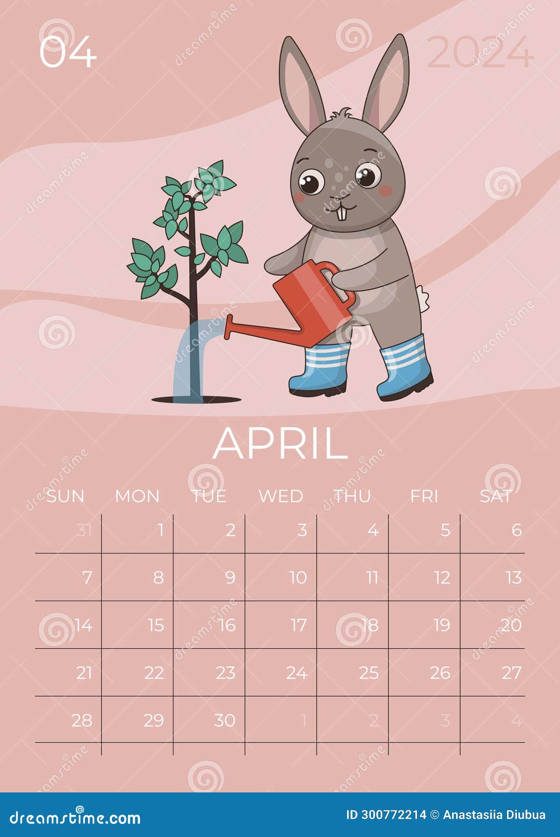 Vertical Children Calendar 2024. Month of April. Hare in Rubber Boots ...