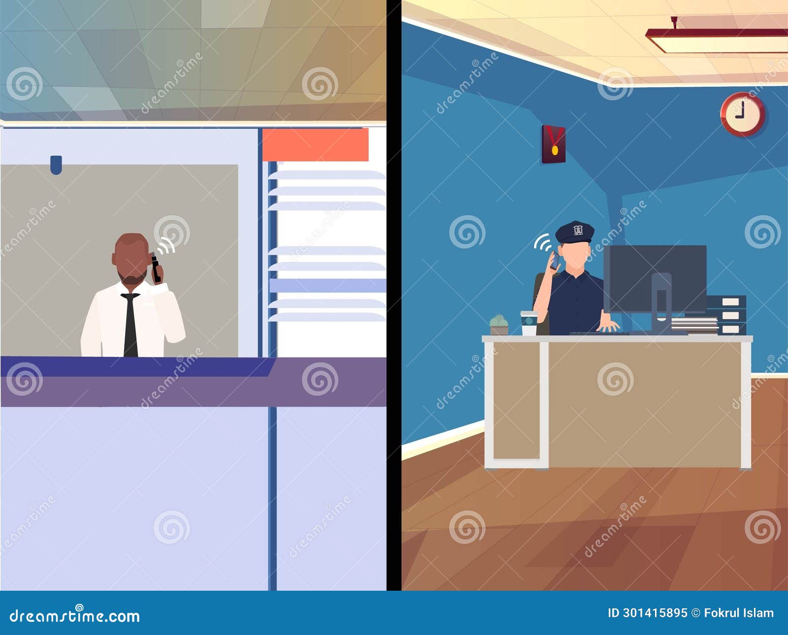 Bank Officer Calling Police Officer Talking and Informing Police ...