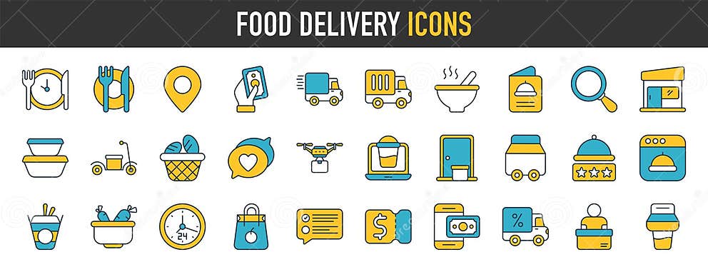 Food Delivery Service Icon Set. Stock Vector - Illustration of truck ...