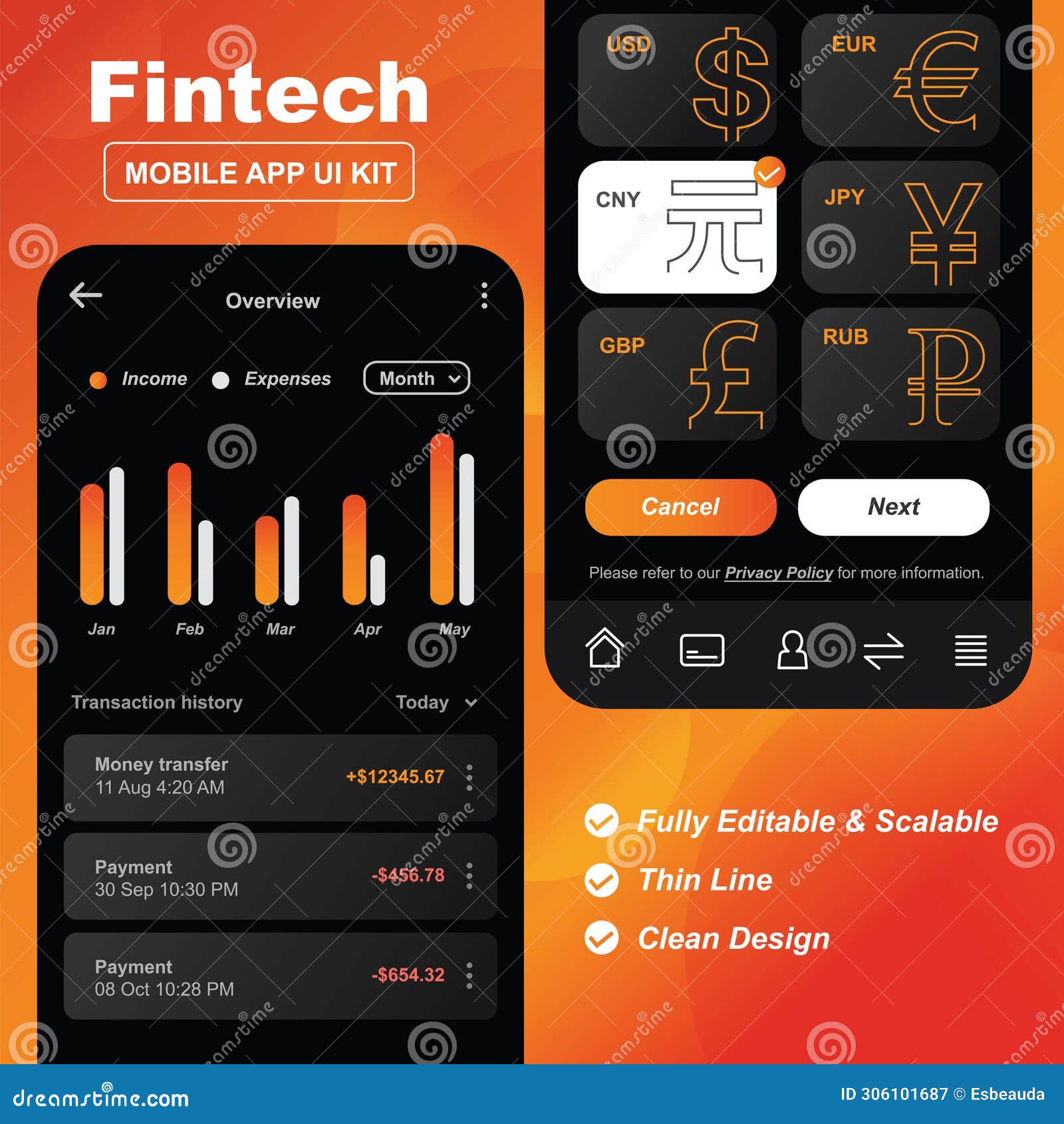 Design Kit for Fintech Mobile App UI UX in Theme of Black and Orange Stock Illustration ...