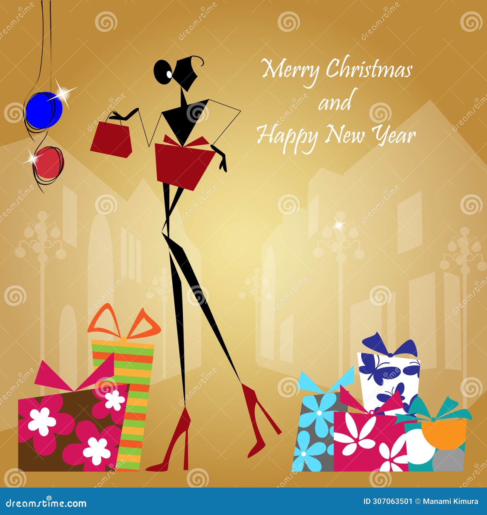 A Elegant Woman with Christmas Presents in a Sparking Town. Stock ...