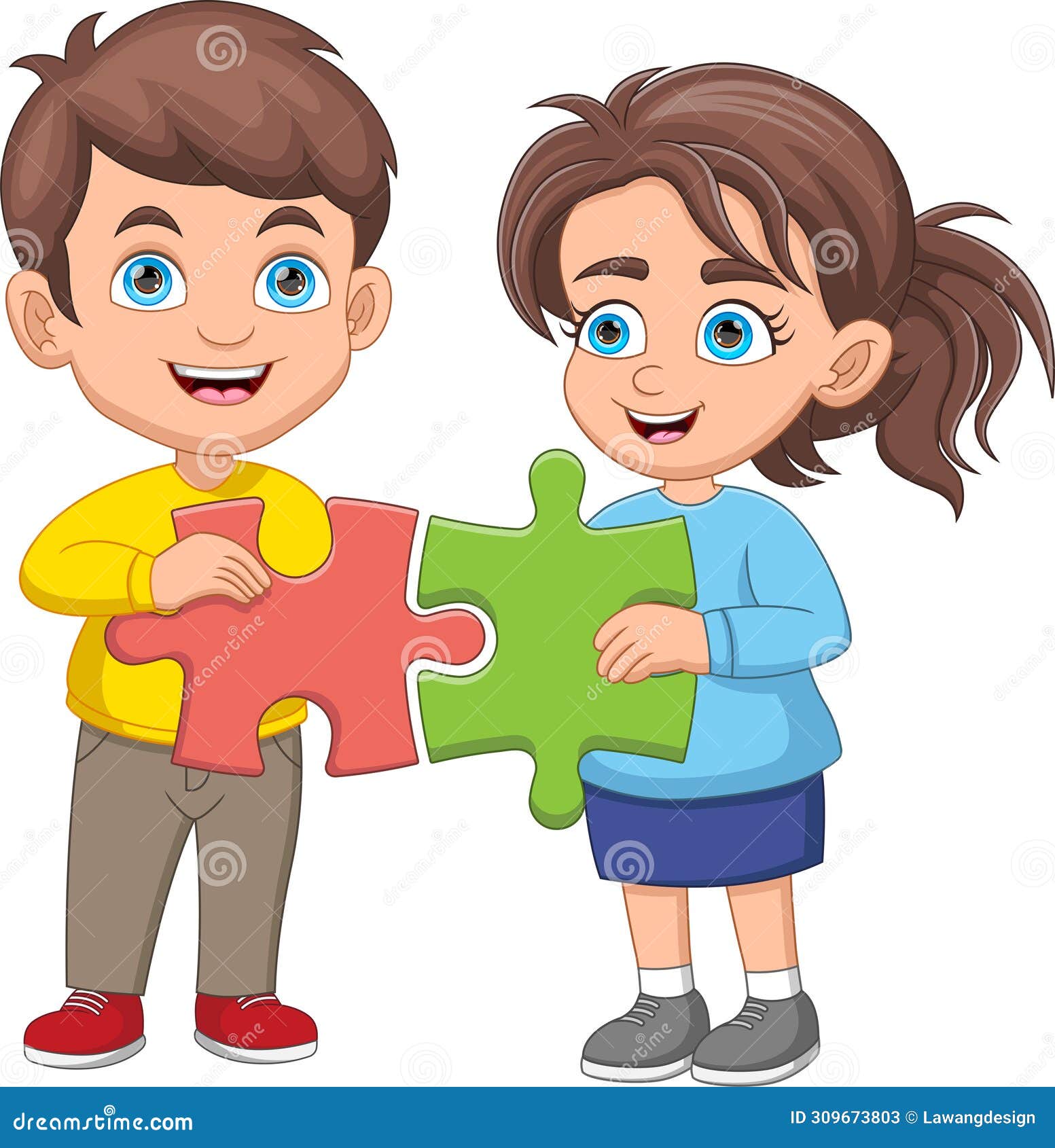 Happy Cute Kids Play Solving Puzzles Together Stock Vector ...