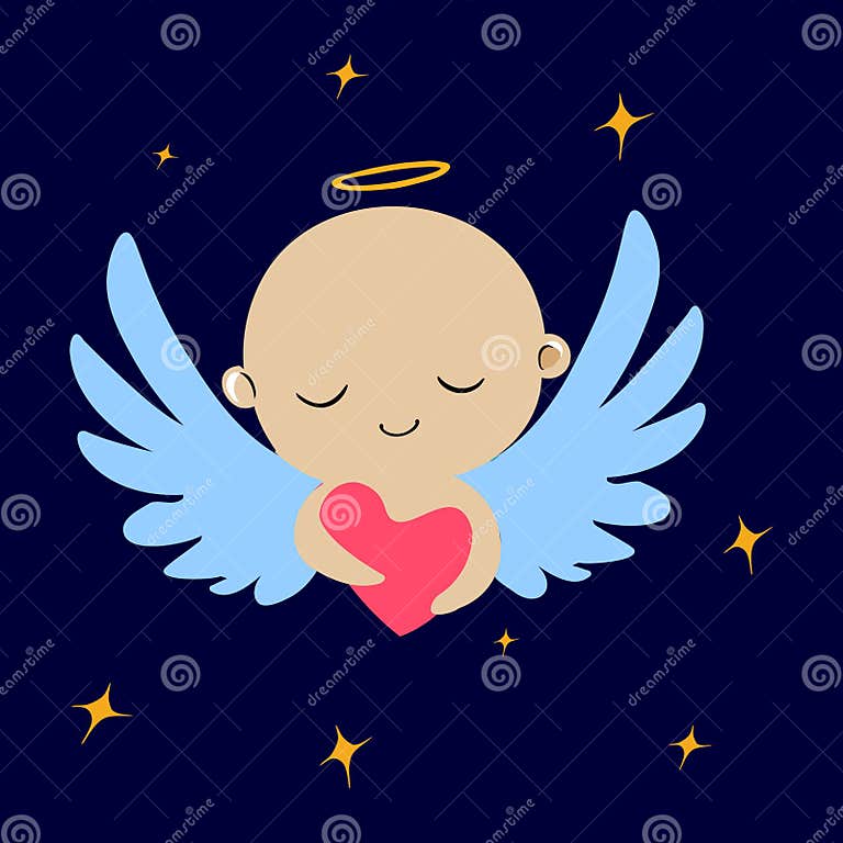 Cute Angel with Heart on a Dark Blue Background. Stock Vector ...