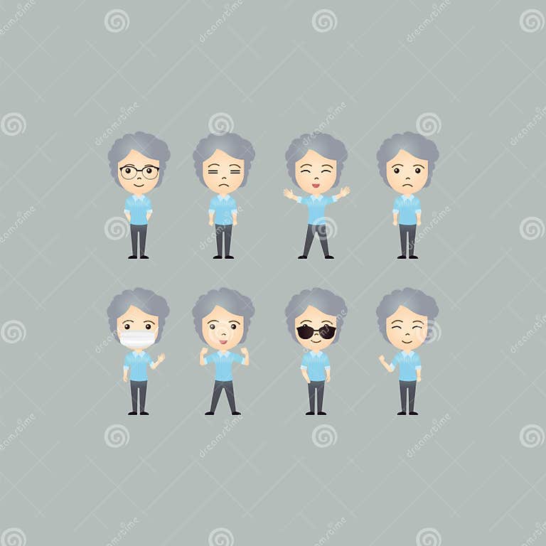 Cute Old Senior Cartoon Characters with Various Movements and Emotional ...