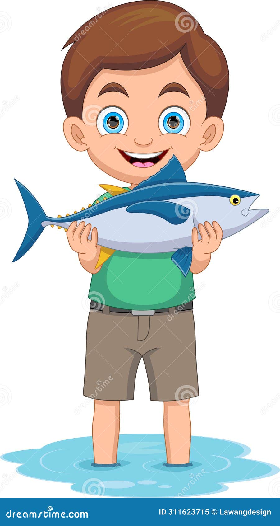 Little Boy Shows that he Got a Big Fish in the River Cartoon Stock ...