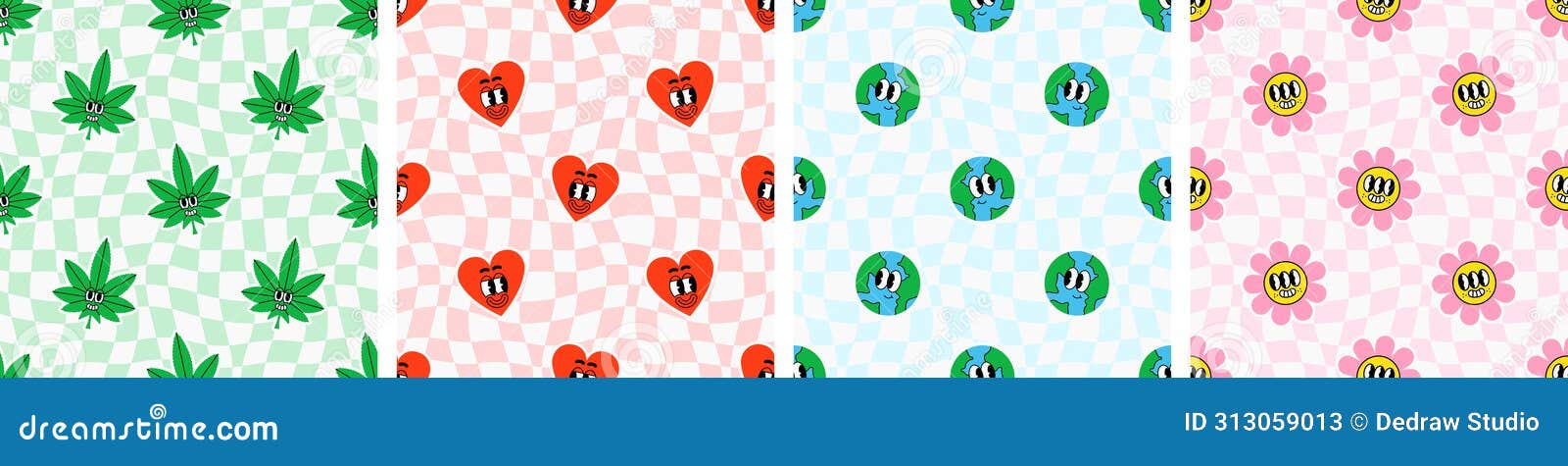 Trendy Comic Character Mascot Checkered Pattern Set Stock Vector ...