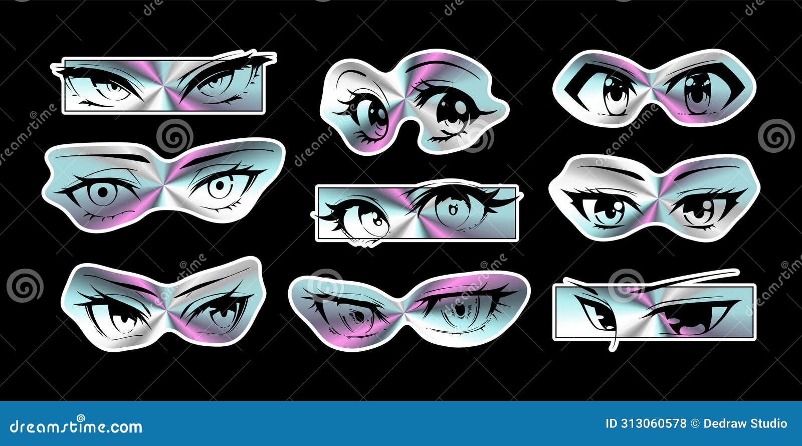 Holographic Anime Eye Sticker Set Stock Vector - Illustration of ...