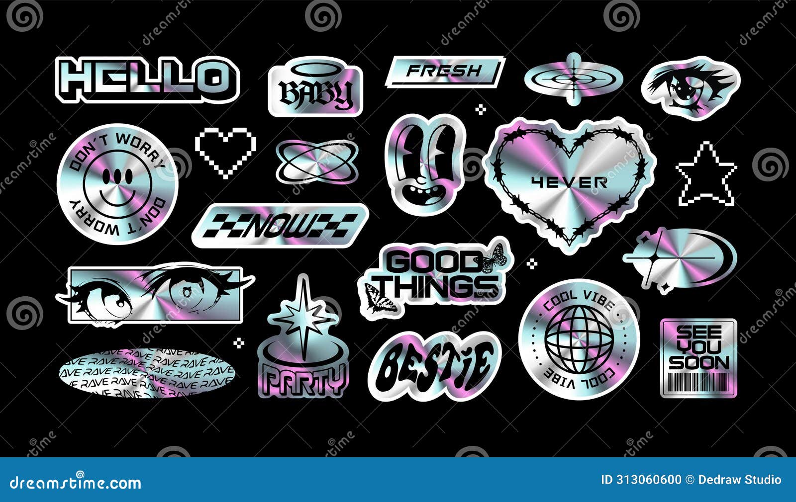 Trendy Holographic Y2K Sticker Set Stock Vector - Illustration of metal ...
