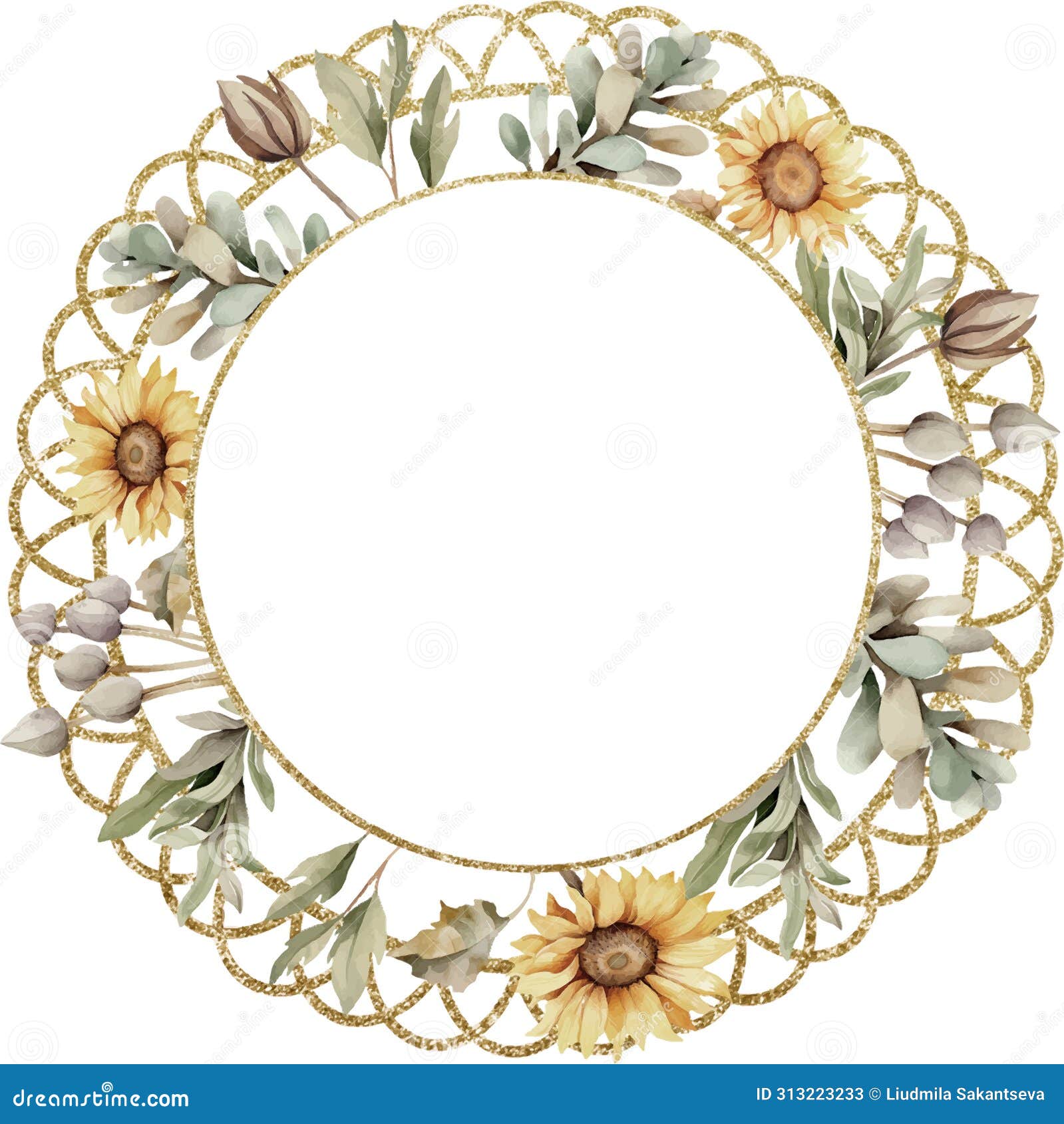Watercolor Vector Summer Sunflower Lace Frame in Circle Shape ...