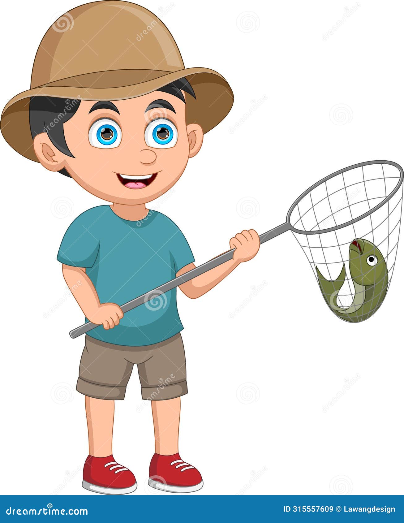 Little Boy Catches Fish with Net Cartoon Stock Vector - Illustration of ...