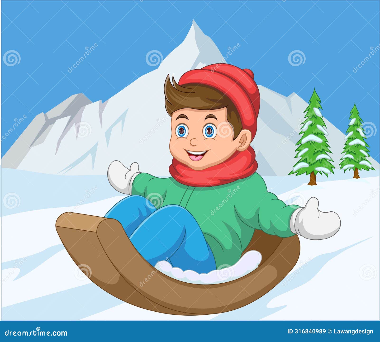 Cartoon Boy Sledding Down a Snow Hill Stock Illustration - Illustration ...